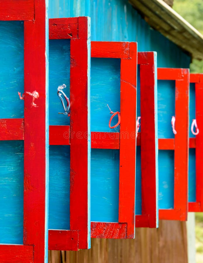 Red and Blue Wooden Shutters Stock Image - Image of detail, shutters ...