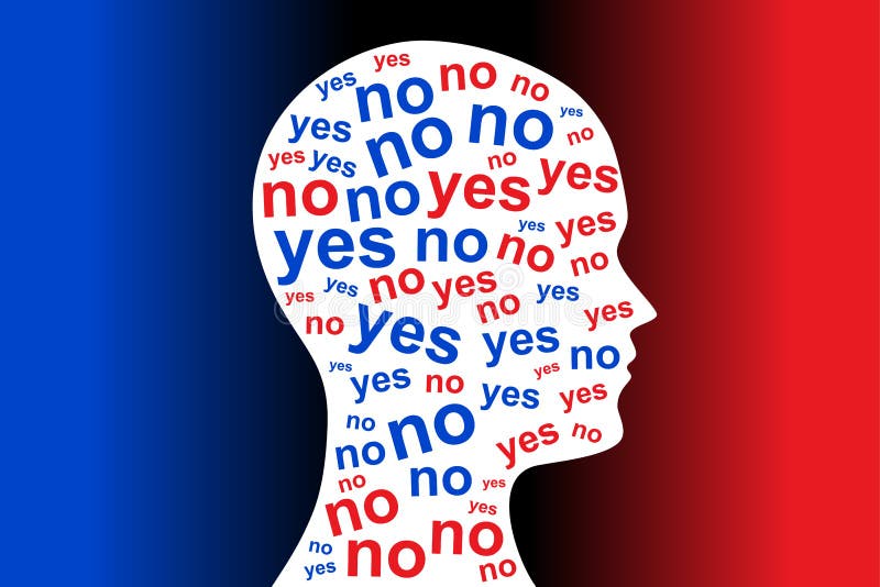 YES and NO, Words Colored Red and Blue, in a White Silhouette of a Head ...