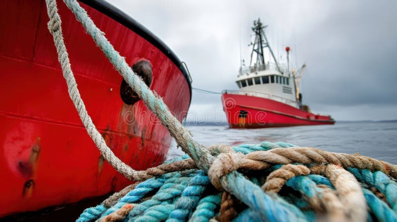 A Red Boat Floats on Water, Tied with a Rope for Stability and Security ...