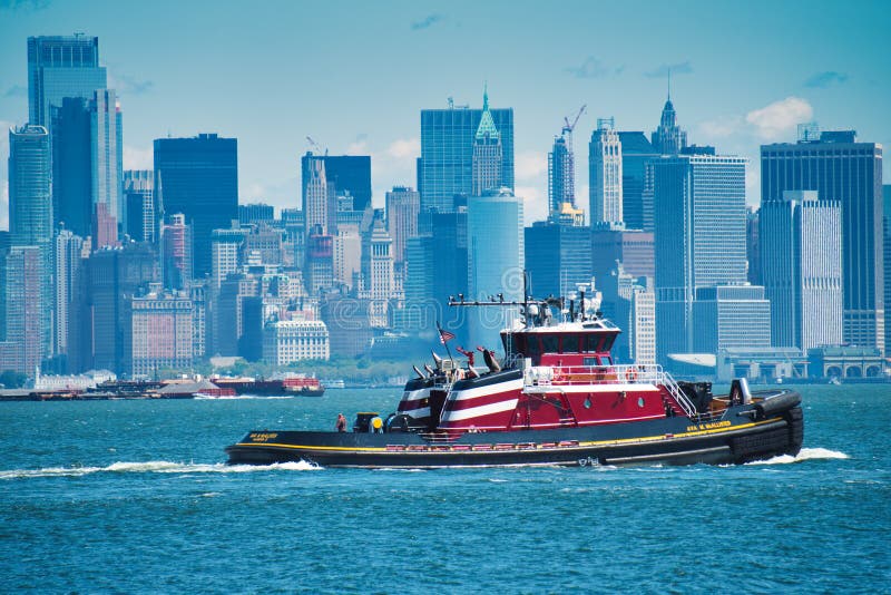 Red Boat on Front of the Manhattan Editorial Photo - Image of ...