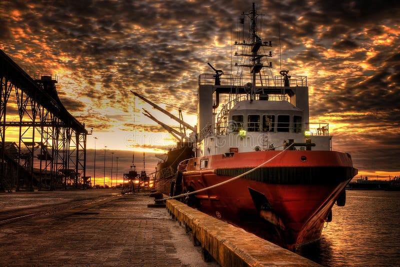 Red Boat at Port during Sunset HDR Stock Image - Image of sunset ...