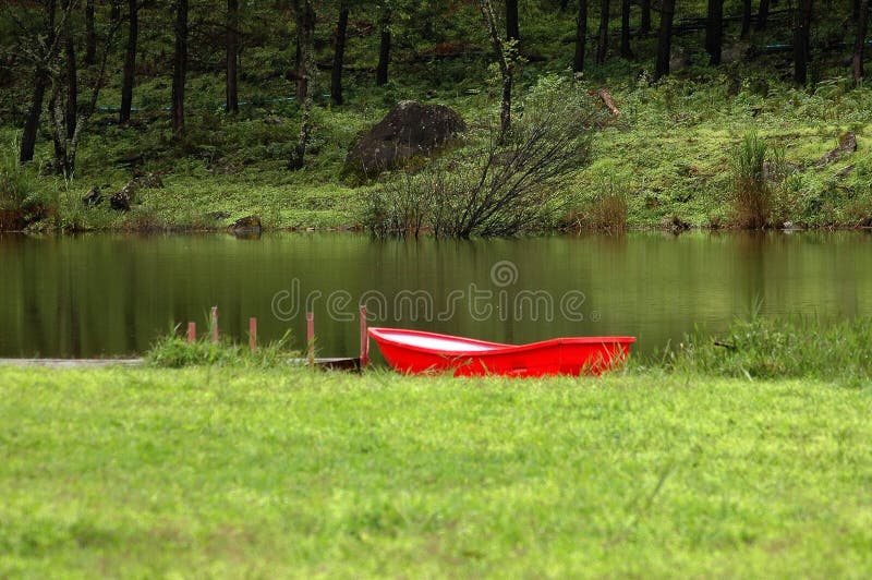 Red boat stock photo. Image of green, boat, tree, river - 43011384