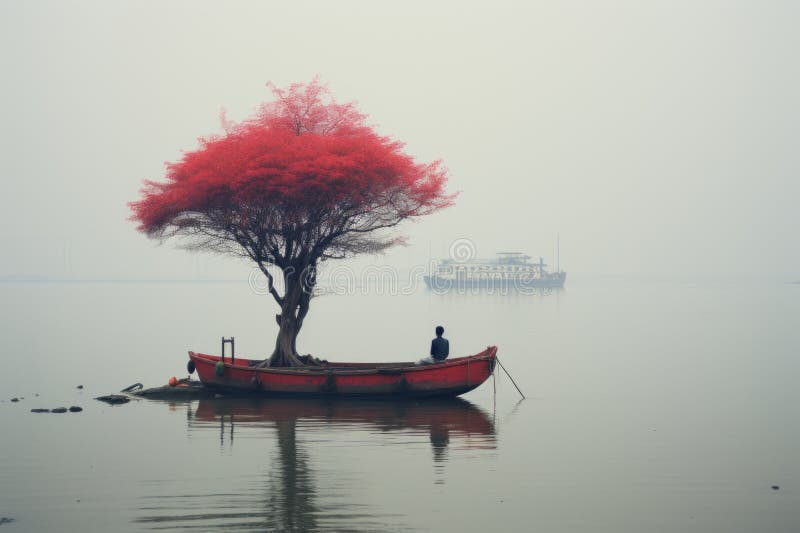 A Red Boat with a Tree in the Middle of the Water Stock Illustration ...
