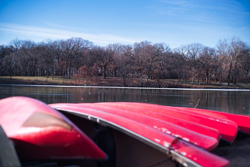 Red Boat in winter sunset stock image. Image of boat - 206007009