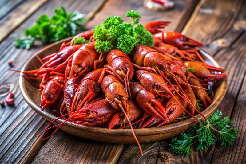 Red Boiled Crawfish on Wooden Table in Rustic Style Stock Illustration ...