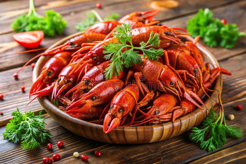 Red Boiled Crawfish on Wooden Table in Rustic Style Stock Illustration ...