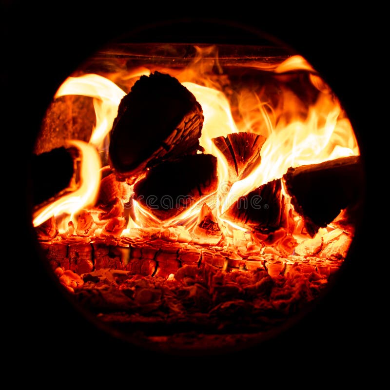 Red Bonfire or Burning Fire Flame in an Old Wood Stove. Stock Image ...