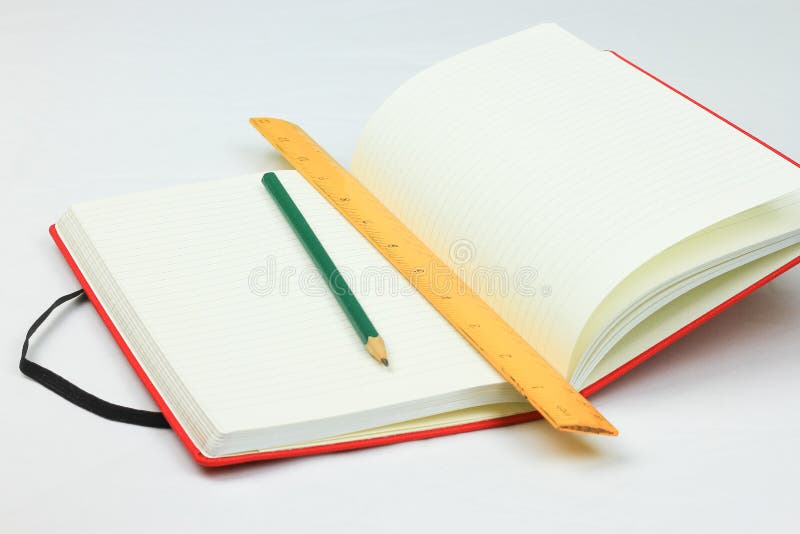 Red book,pencil and ruler stock image. Image of writing - 50735477