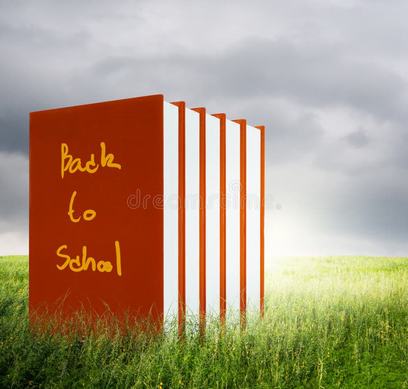 Red Books in Grass Fields and Rainclouds - Back To School Concept Stock ...