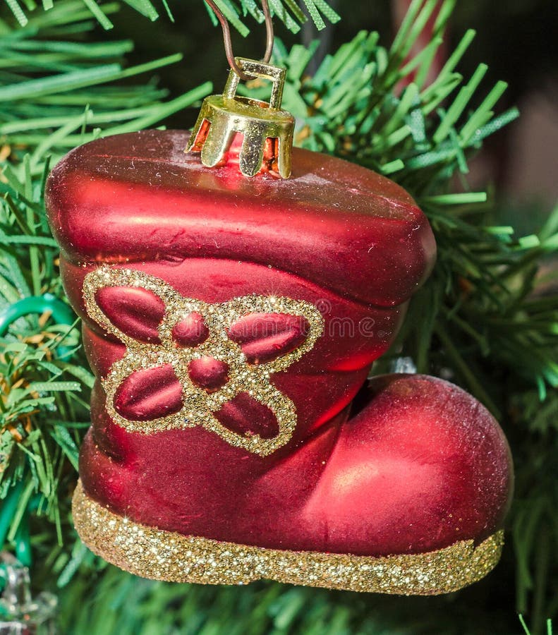 Red Boot Christmas Ornament Tree, Detail, Close Up Stock Image - Image ...