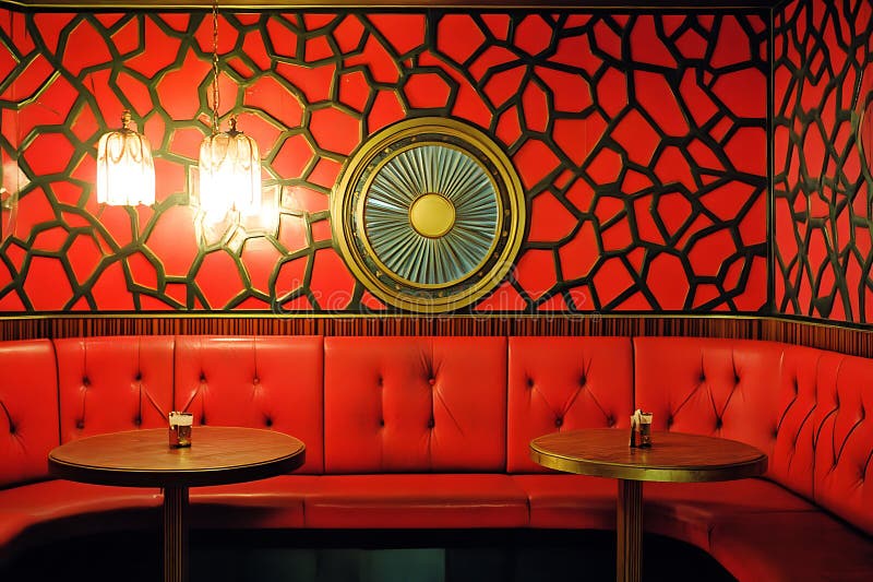 Red Booth with Geometric Wall Design in a Retro Bar Stock Illustration ...