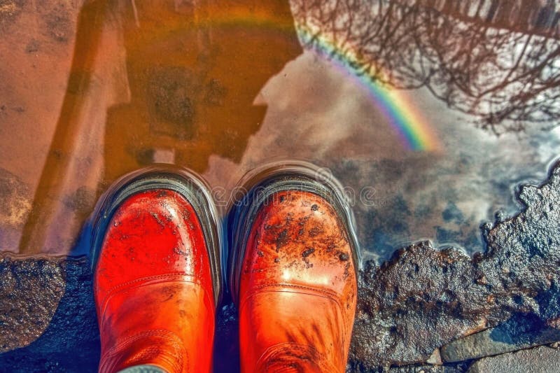 Red Boots in a Reflective Puddle with Rainbow Light Stock Image - Image ...