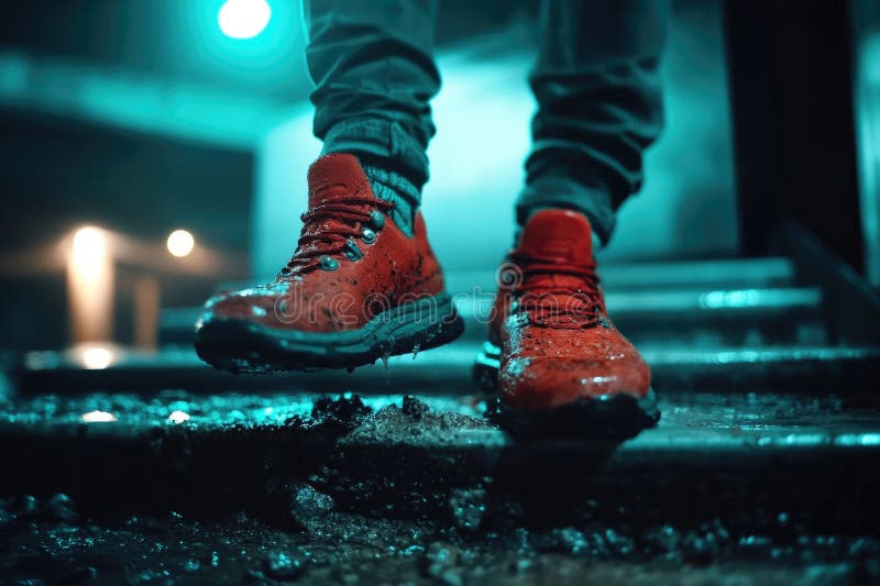 Red Boots on Wet Urban Stairs at Night Stock Photo - Image of step ...