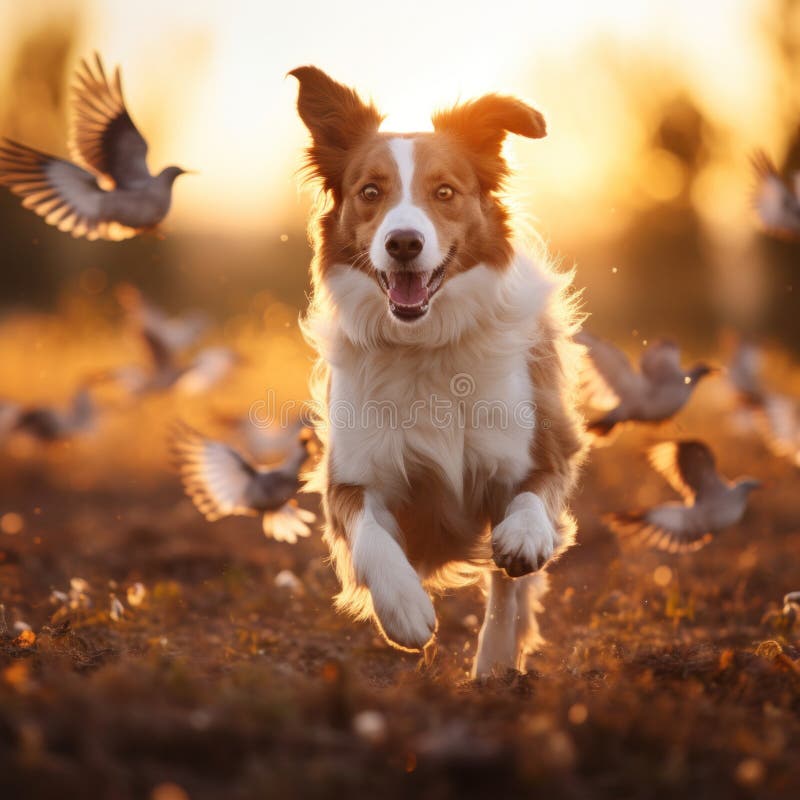 Red Border Collie Running with Birds Stock Illustration - Illustration ...