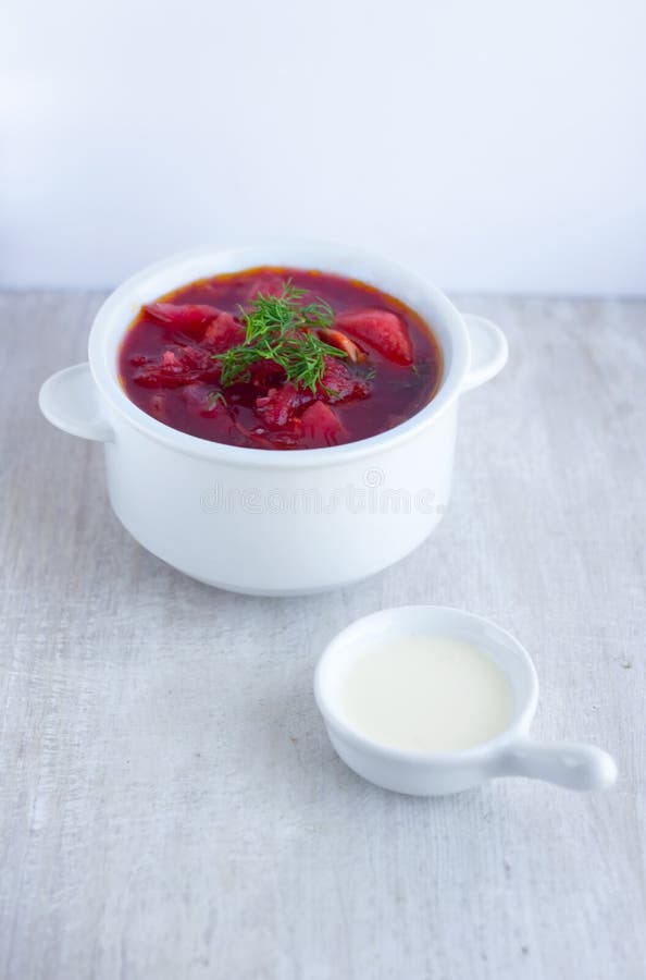 Red Borsch in the White Plate and Sour Cream Stock Image - Image of ...