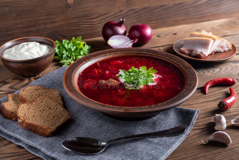 Red Borscht with Beetroot Tomato and Meat Stock Photo - Image of dish ...