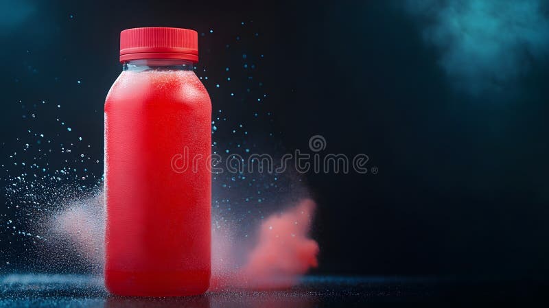 A Red Bottle of a Drink is on a Table with a Lot of Powder Stock ...