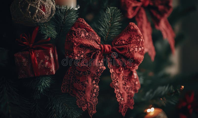 A Red Bow is Hanging from a Christmas Tree Stock Image - Image of ...