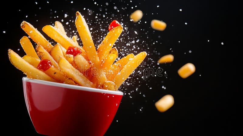 A Red Bowl Filled with French Fries Falling into a Red Cup Stock Image ...