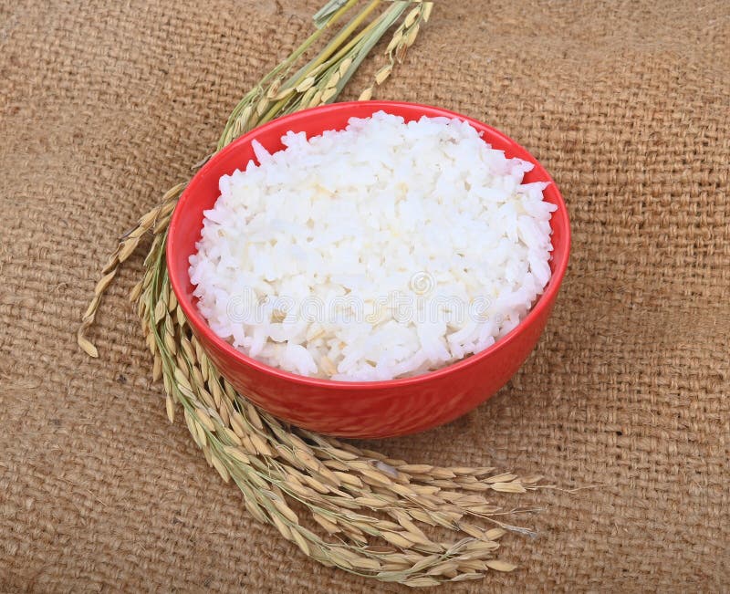 Red Bowl of Jasmine Rice and Grains on Sackcloth and Brown Rice Raw ...