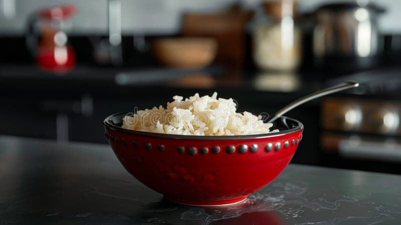 A Red Bowl of Rice on a Counter Stock Image - Image of mixing ...