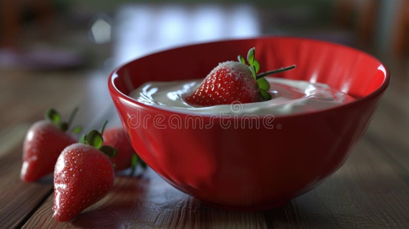 Red Bowl Yogurt and Strawberries Stock Image - Image of yogurt ...