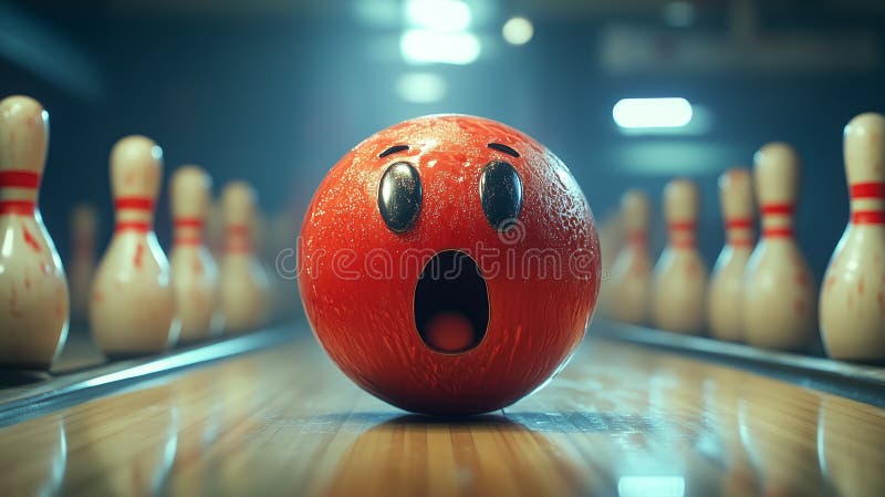 Red Bowling Ball with a Shocked Face Expression Surrounded by Pins ...