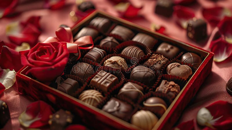 A Red Box of Assorted Chocolates with a Single Red Rose and Rose Petals ...