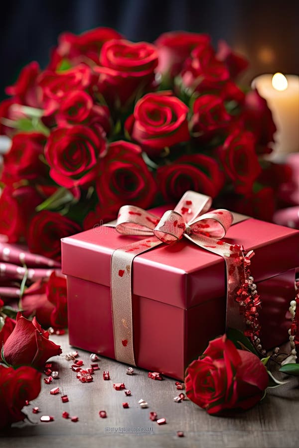 Red Box with Bow and Bunch of Red Roses Stock Illustration ...