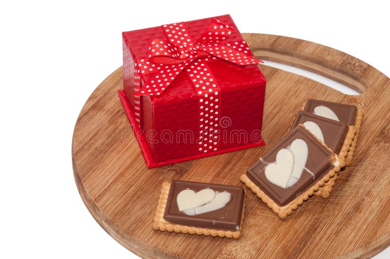 The Red Box with Bow and Chocolate Biscuits Stock Photo - Image of ...