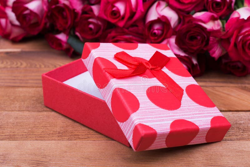 Red box with bow, roses stock photo. Image of lovers - 135772796