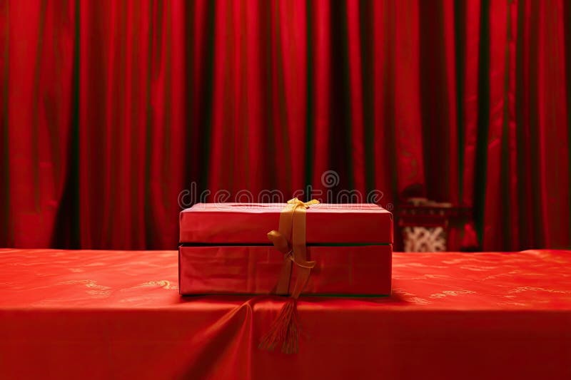 A Red Box with a Red Envelope on a Table in Front of a Red Curtain ...