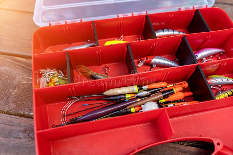 Red Box with Fishing Tackle Close Up Stock Photo - Image of wood ...