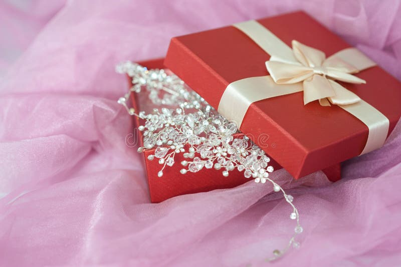 Red Box with Jewelry on Purple Veil Stock Image - Image of holiday ...