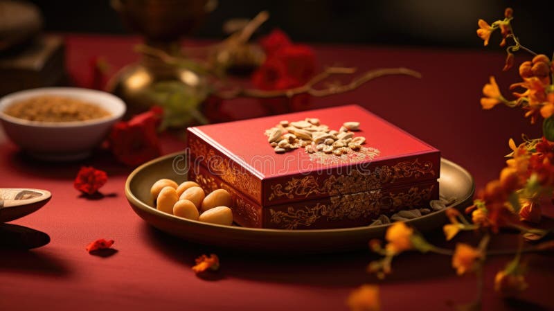 A Red Box with Nuts and Flowers on a Table, AI Stock Photo - Image of ...