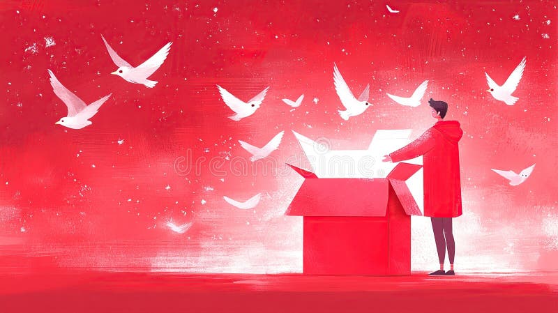 Red Box Opening, Person, Birds Flying, Starry Background Stock ...