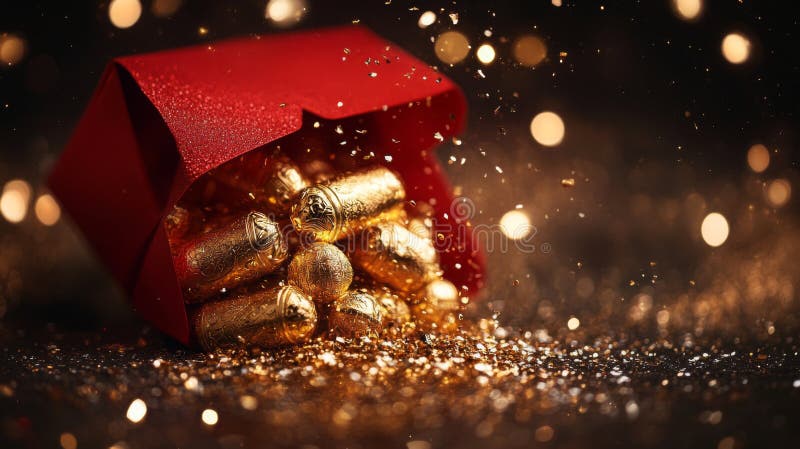Red Box Overflowing with Golden Confetti and Sweets Stock Illustration ...