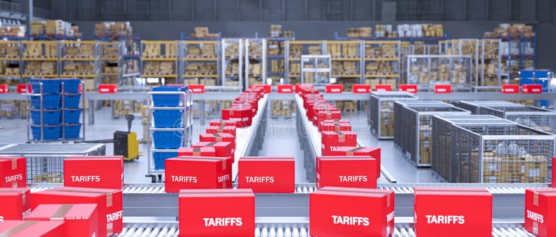 Red Boxes Labeled with Tariffs Moving on Automated Conveyor Belt System ...