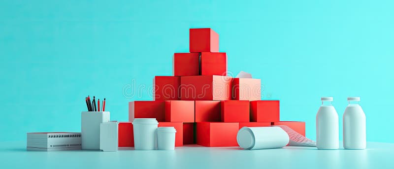 Red Boxes Stacked in Pyramid Shape with White Containers and Bottles on ...