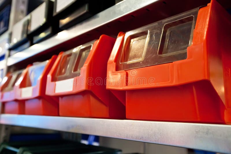 Red Boxes on Stock Bin in a Warehouse Stock Photo - Image of warehouse ...