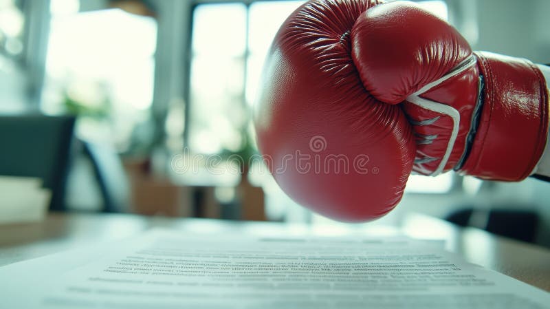 Red Boxing Glove Punches Document on Table in Bright Office Setting ...