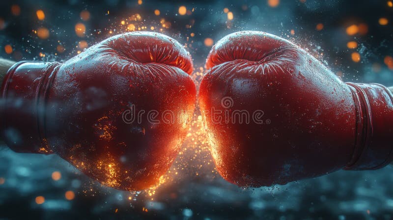 Red Boxing Gloves Colliding with Sparks and Dramatic Lighting Stock ...