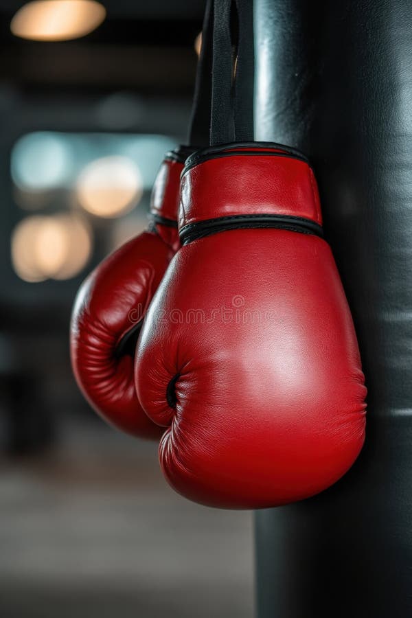 Red Boxing Gloves Hanging on Punching Bag in Gym Setting Stock ...