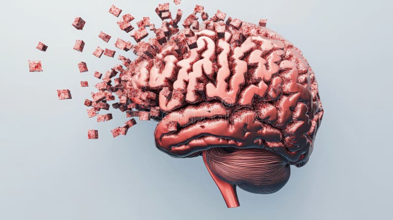 Red Brain with Fragmented Pieces Dispersing into the Air, Symbolizing ...