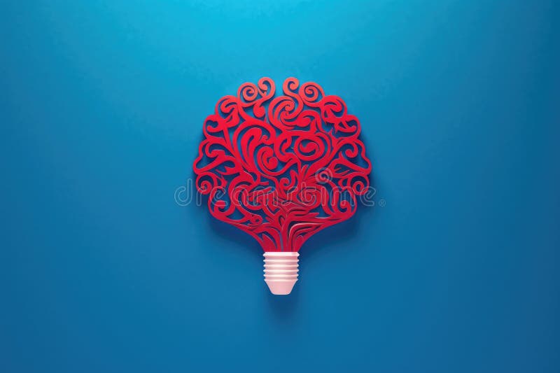 Red Brain-Shaped Light Bulb on Blue Background Stock Photo - Image of ...