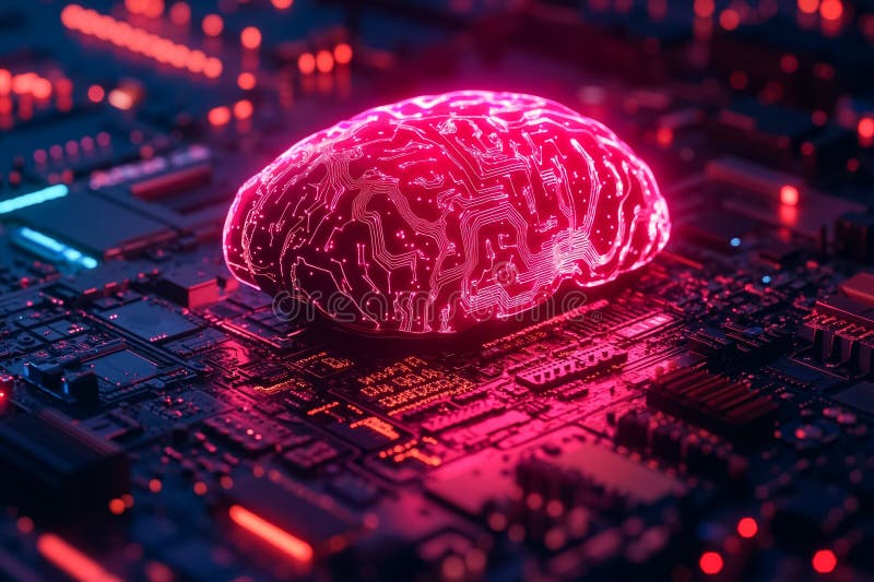 A Red Brain on Top of a Computer Motherboard Stock Illustration ...