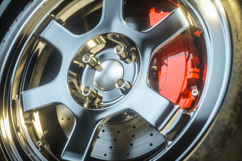 Red Caliper Brakes System and Car Wheel Closeup. 3d Render Stock ...