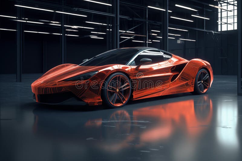 Red Brand-less Generic Concept Car in a Warehouse, Side View. Hyper ...