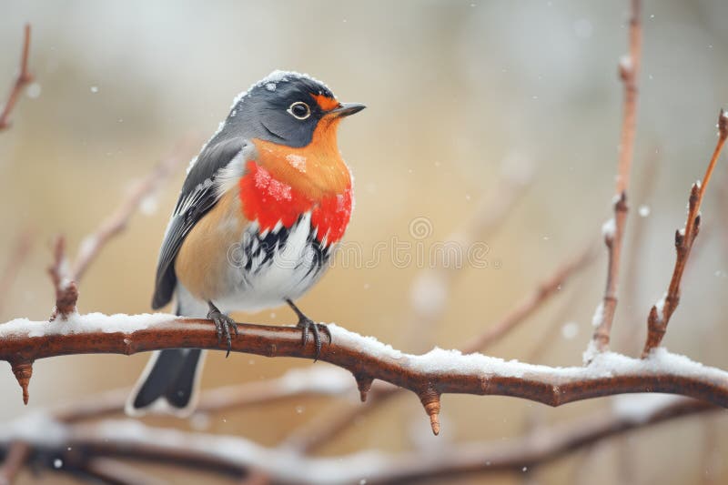 Red-breasted Robin Contrasting with Icy Branch Patterns Stock ...