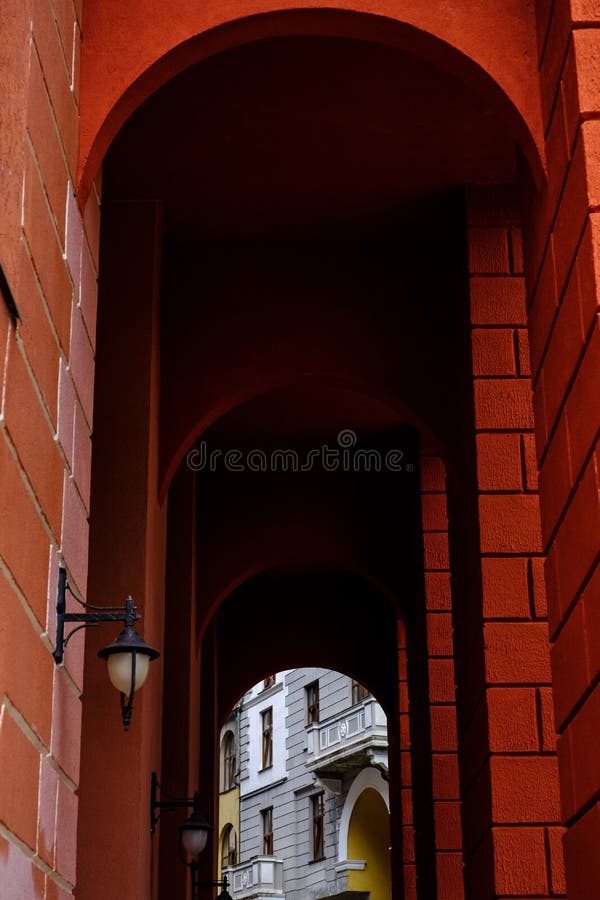 Red Brick Arch with a Lantern. Modern Architecture Stock Image - Image ...